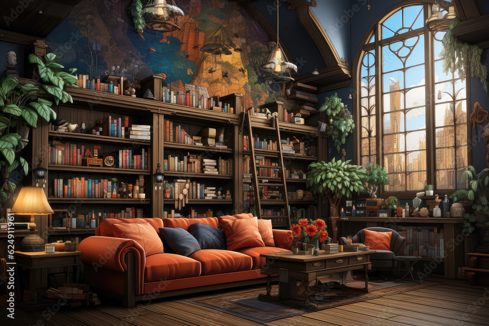 reading room with bookshelf anime style drawing, background wallpaper ...