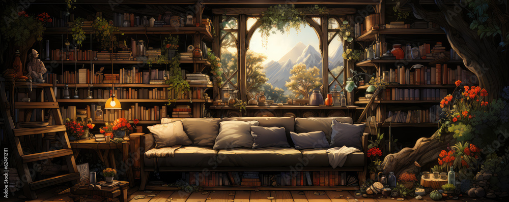 reading room with bookshelf anime style drawing, background wallpaper ...