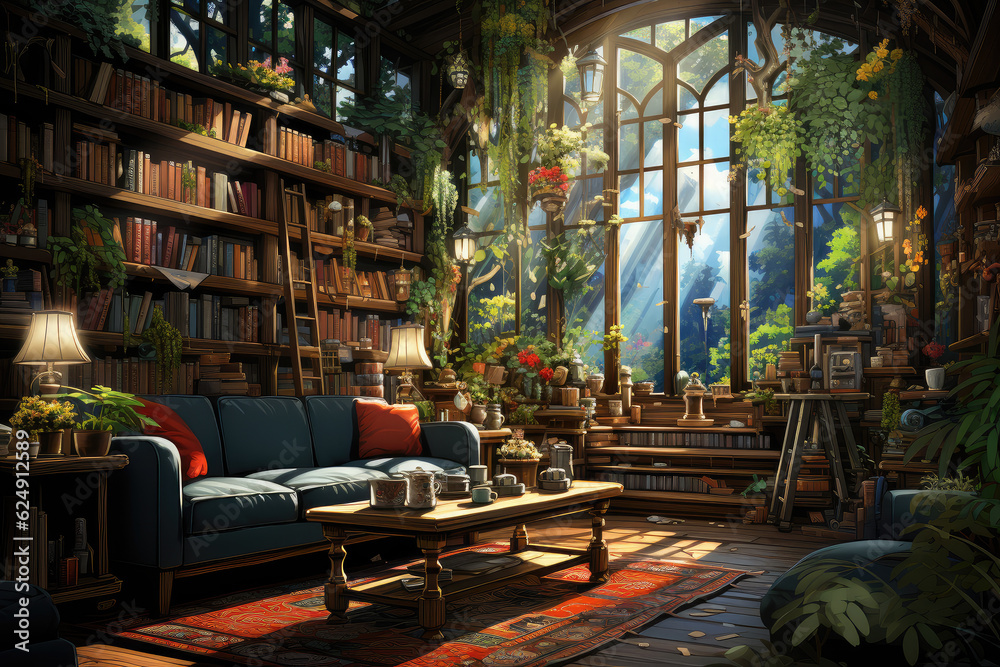 reading room with bookshelf anime style drawing, background wallpaper ...