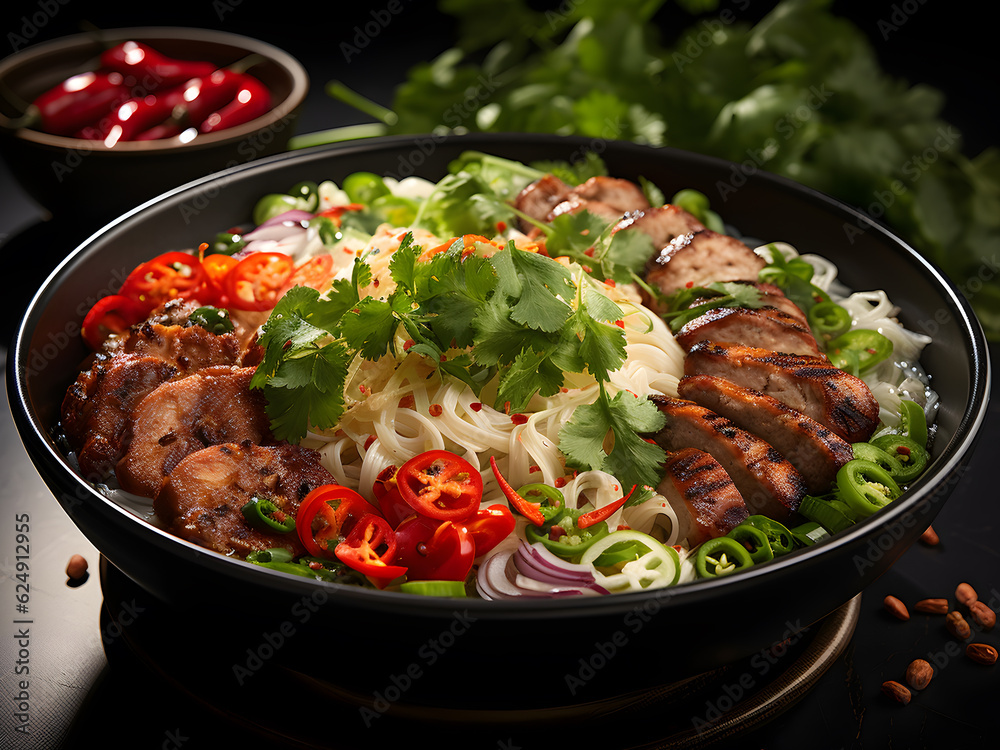 Pho Noodles Menu. Vietnamese noodle bowl with beef, Top view pho ...