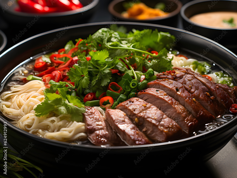Pho Noodles Menu. Vietnamese noodle bowl with beef, Top view pho ...
