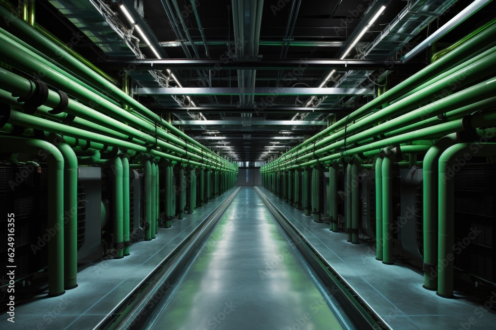 data center cooling system with pipes and vents, created with ...