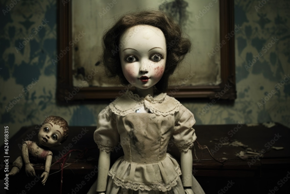 a creepy doll with one eye missing, other staring intensely, created ...