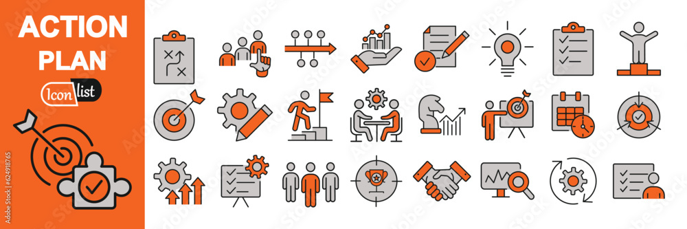 Action plan colored icon set. Containing planning, schedule, strategy ...