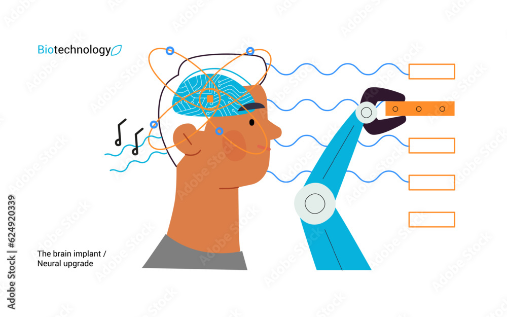 Bio Technology, Brain implant, Neural upgrade -modern flat vector ...