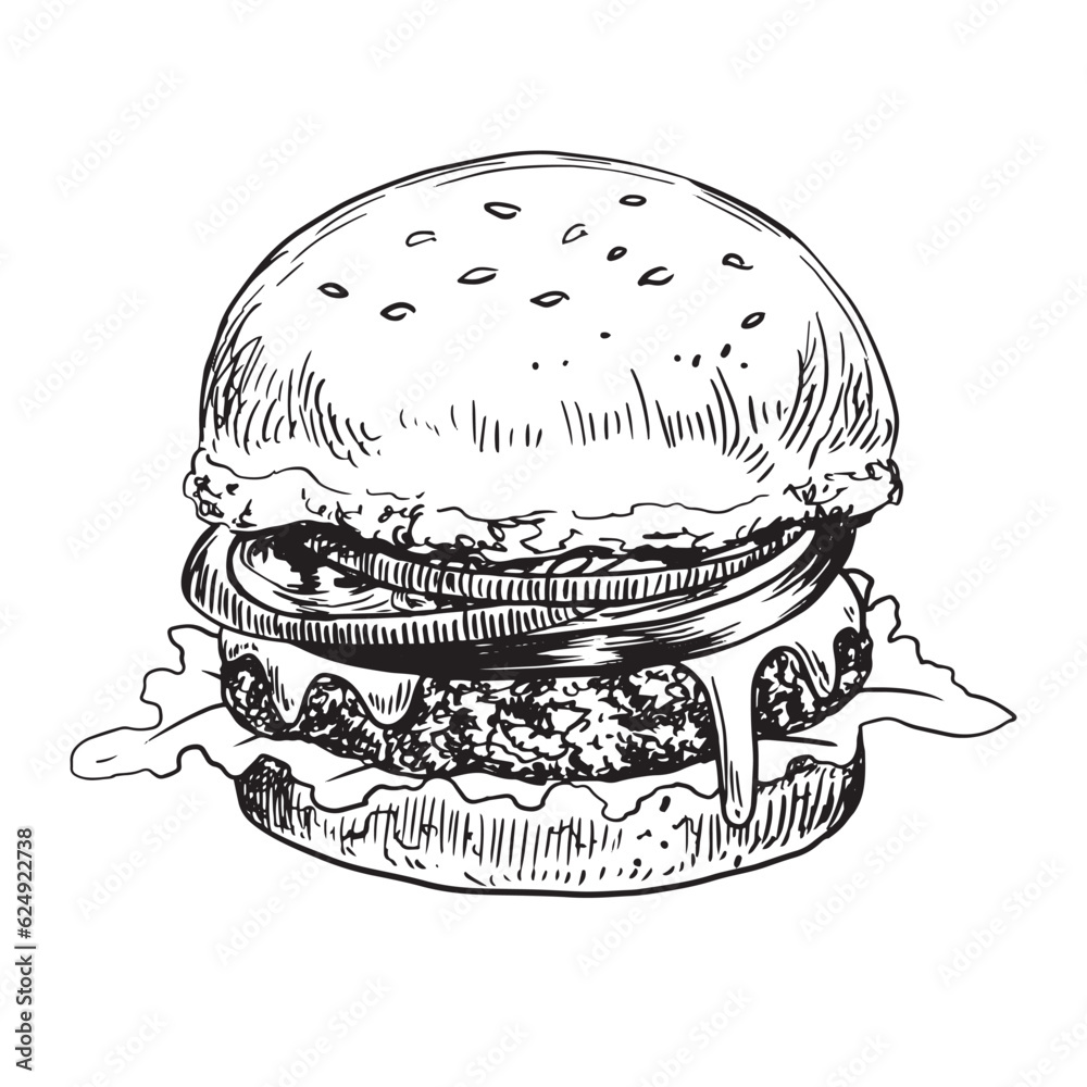 Black and white hand drawn hamburger with melted cheese, tomato, onion ...