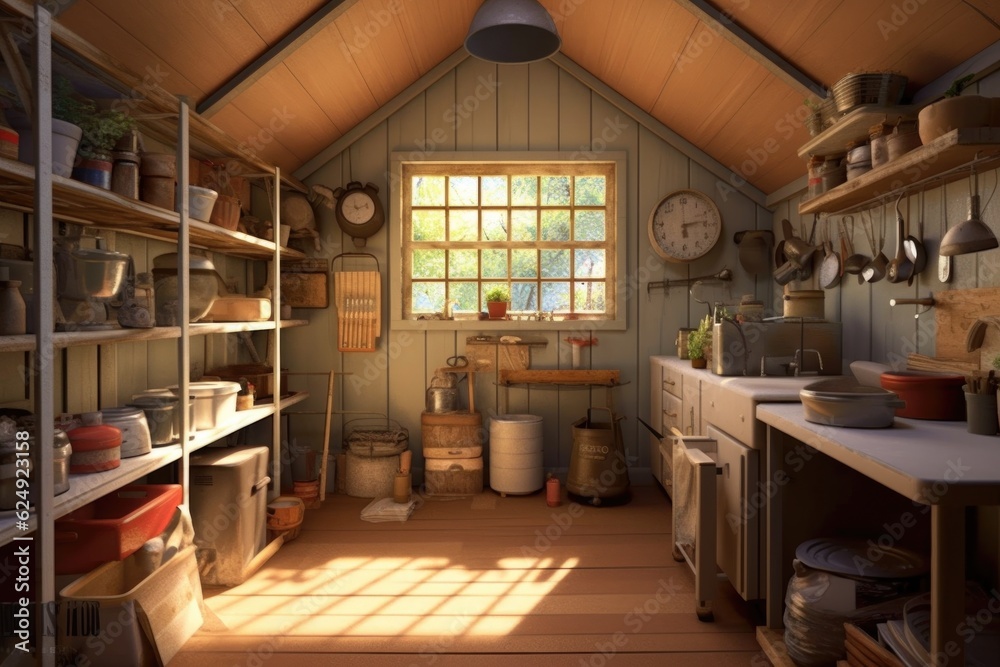 clean, well-lit shed interior with shelves, created with generative ai ...