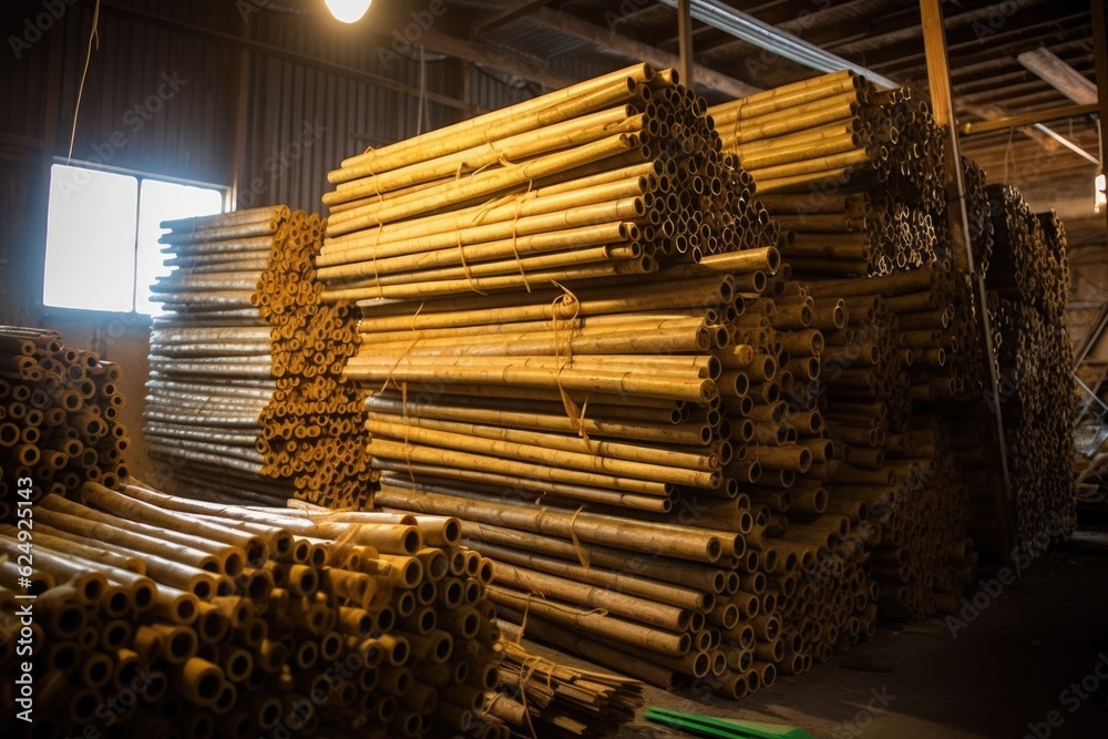 stacked bamboo poles ready for scaffolding assembly, created with ...