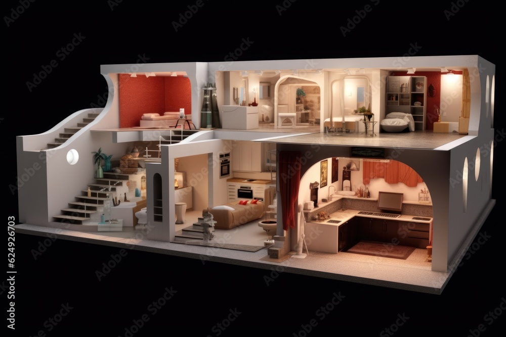 cross-section view of a 3d printed house, showing interior, created ...