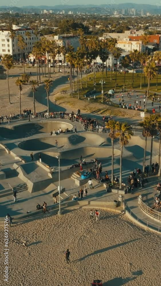 Venice Beach Skate Park. Los Angeles. California. Drone view of the skatepark at Venice Beach ...