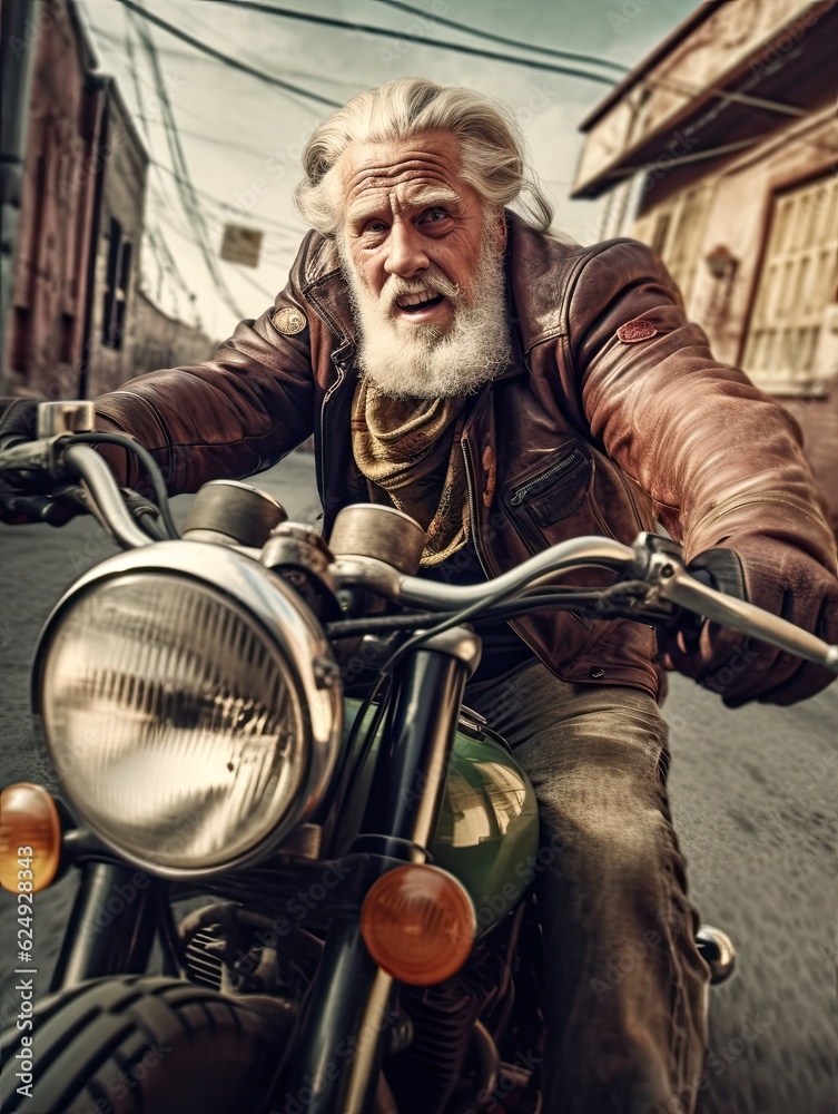 Silver fox senior man riding a motorcycle, white haired man on a ...