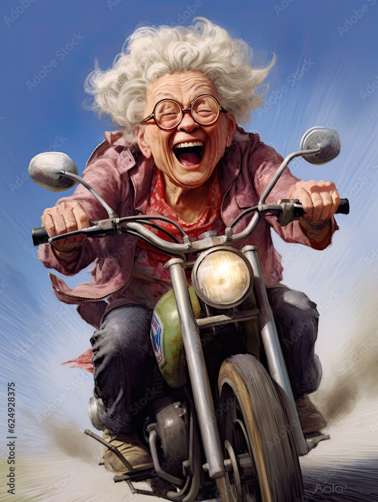 Caricature style illustration of an excited elderly senior woman riding ...