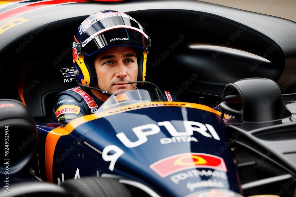 A Helmeted Race Car Driver At The Wheel in cockpit ready to competition ...