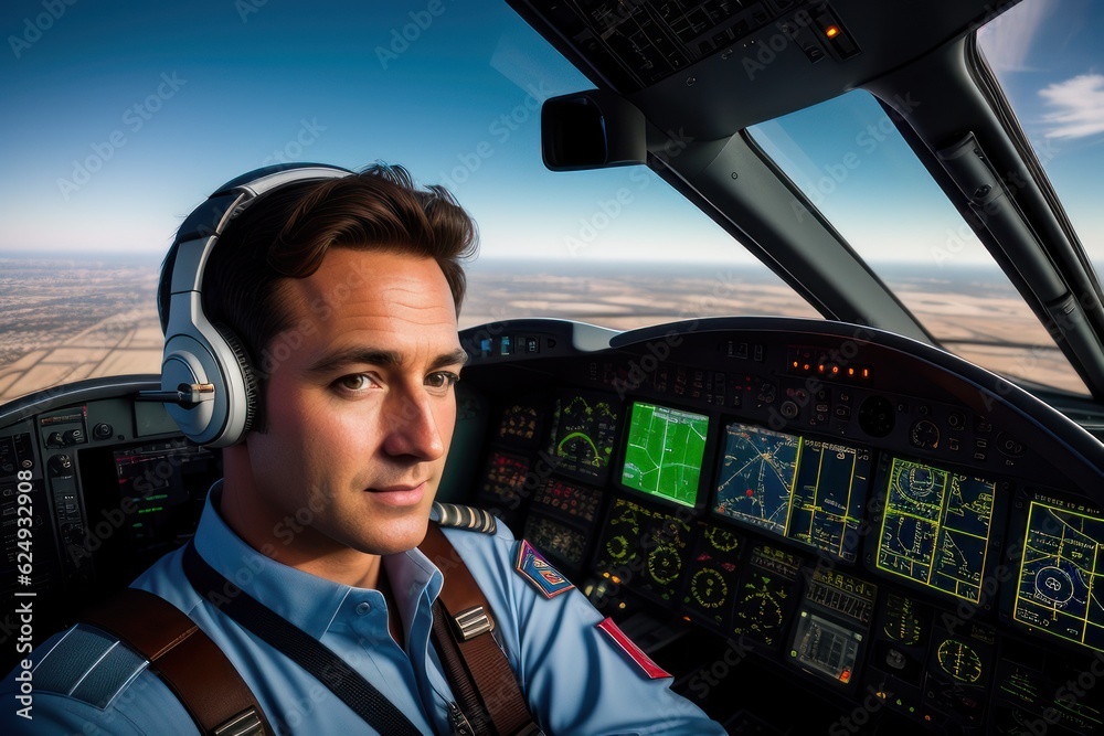 Airliner pilots are controlling the airplane towards the runway. Seen ...