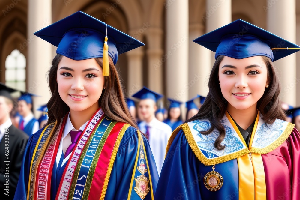 Institute graduates in festive uniforms, in square hats and robes ...