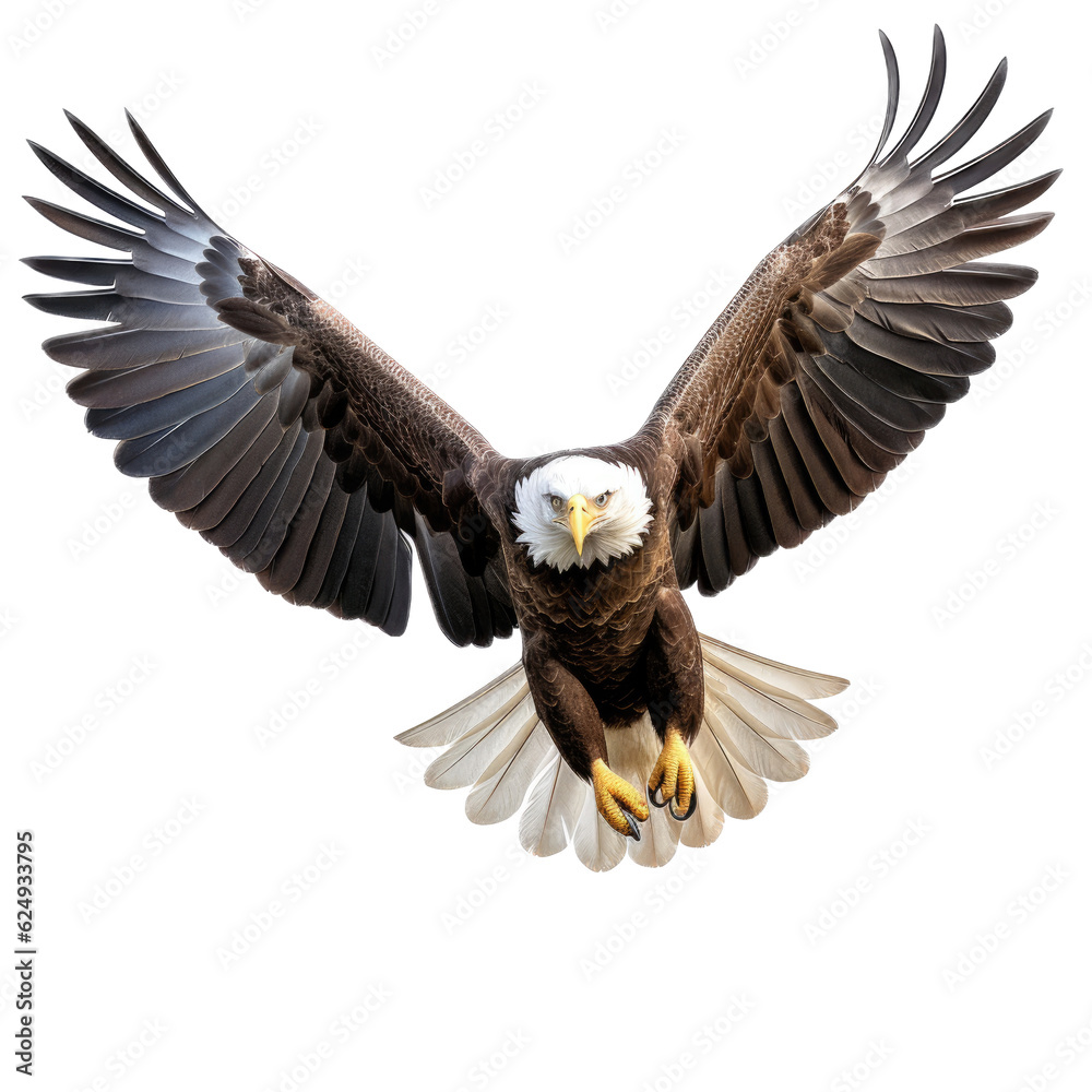 a Bald Eagle (Haliaeetus leucocephalus) in flight, full body frontal ...