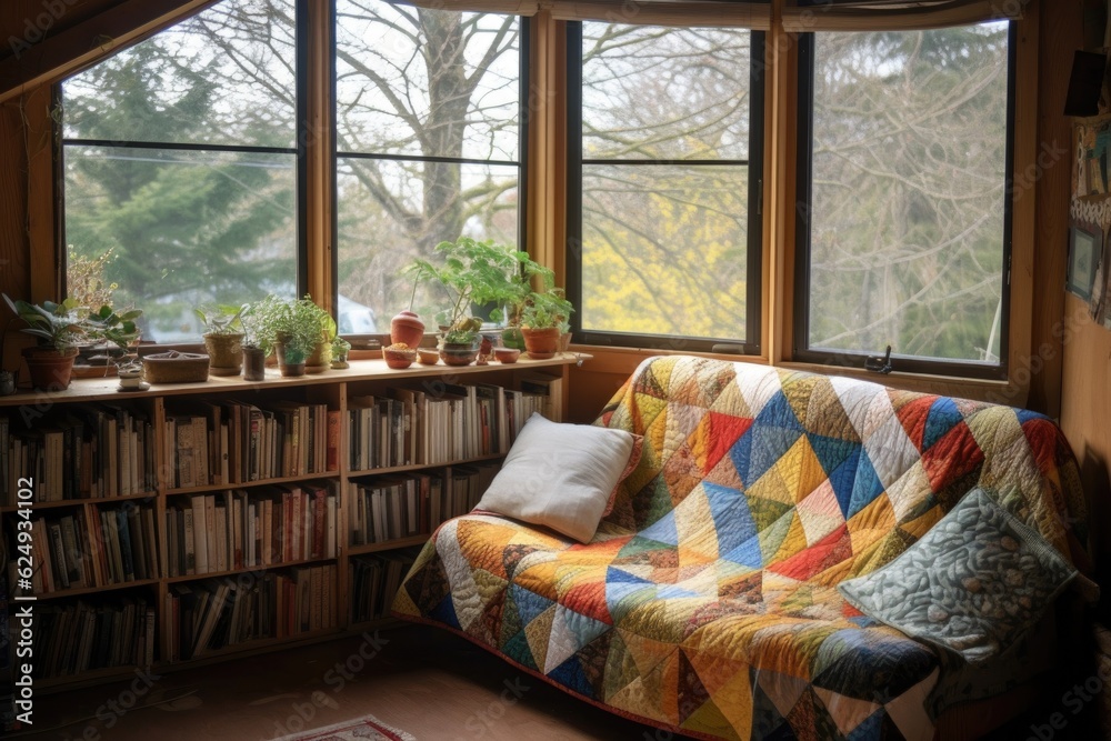 quilt displayed in a cozy reading nook by a window, created with ...