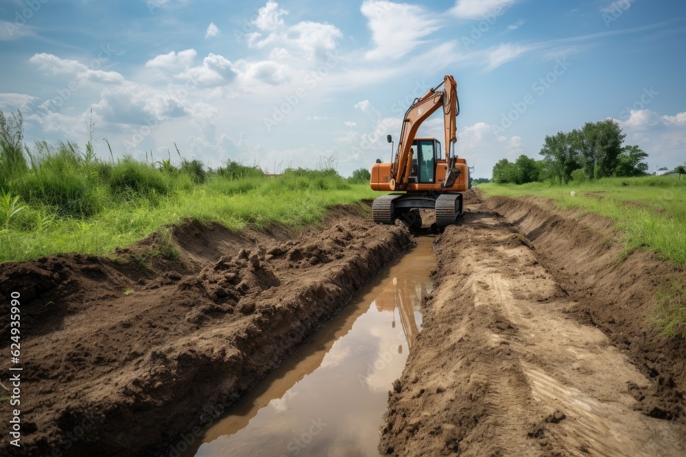 construction site with backhoe digging ditch to lay pipeline, created ...