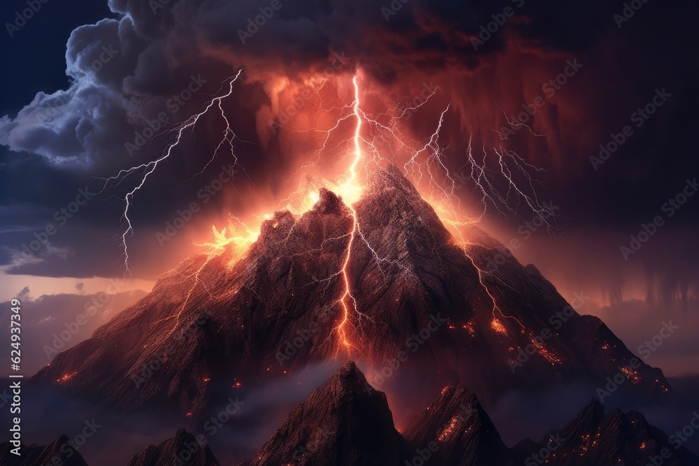 dramatic volcanic eruption with lightning bolts, created with ...