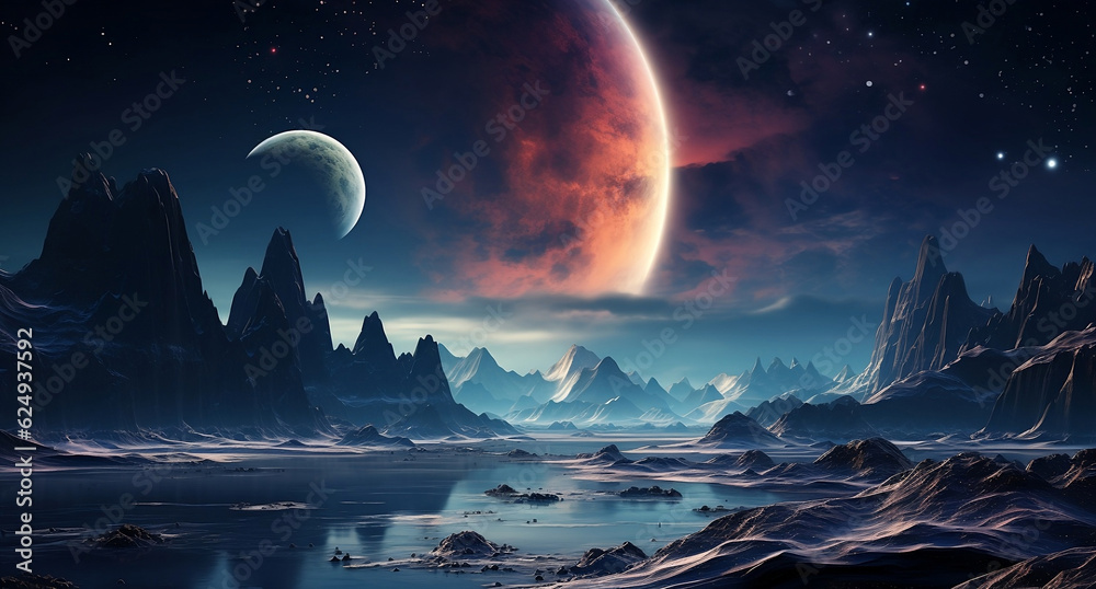 Alien world with mountains, lake, and glowing moons and planets. Space ...