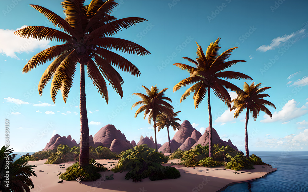 Fantasy.Painting of a beach with palm trees and sky in the background ...