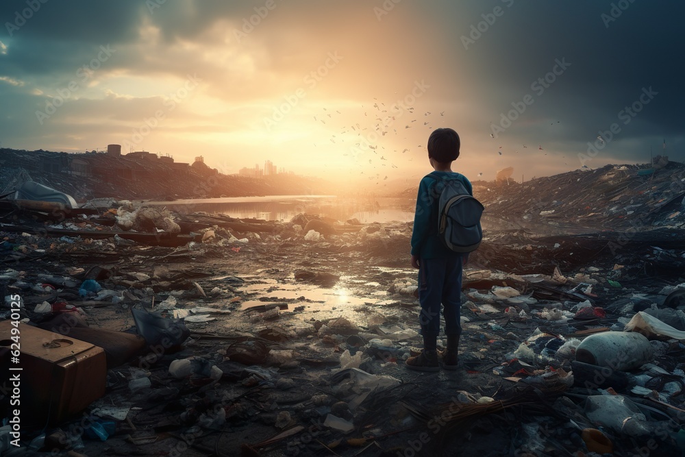 sad kid stand looking at a lot of plastic wastes in, environmental ...