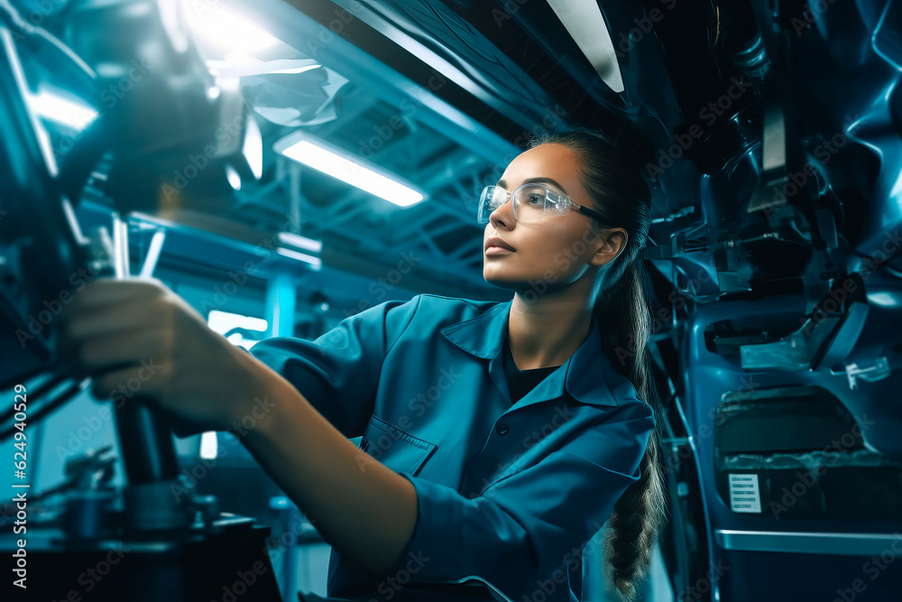 Female worker assembling engines on a vehicle assembly line in the ...