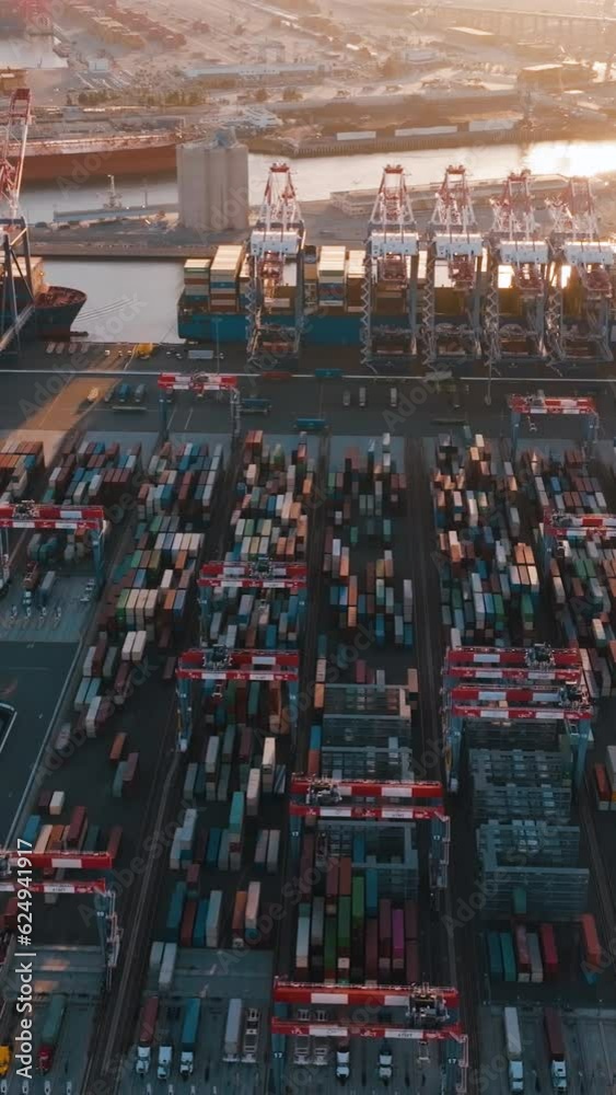 Container terminal port aerial topdown. Aerial top view footage of ...