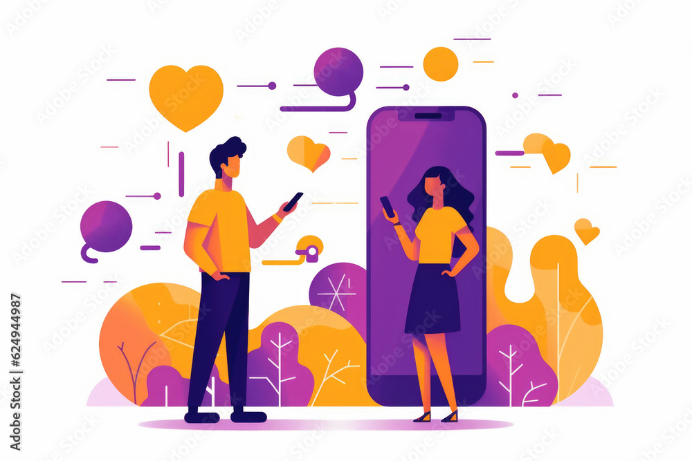couple is depicted communicating with each other through a mobile phone ...