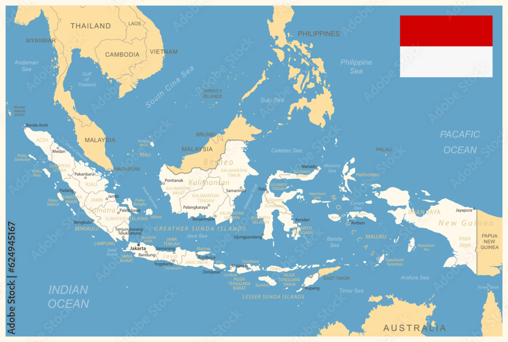 Indonesia - detailed map with administrative divisions and country flag ...