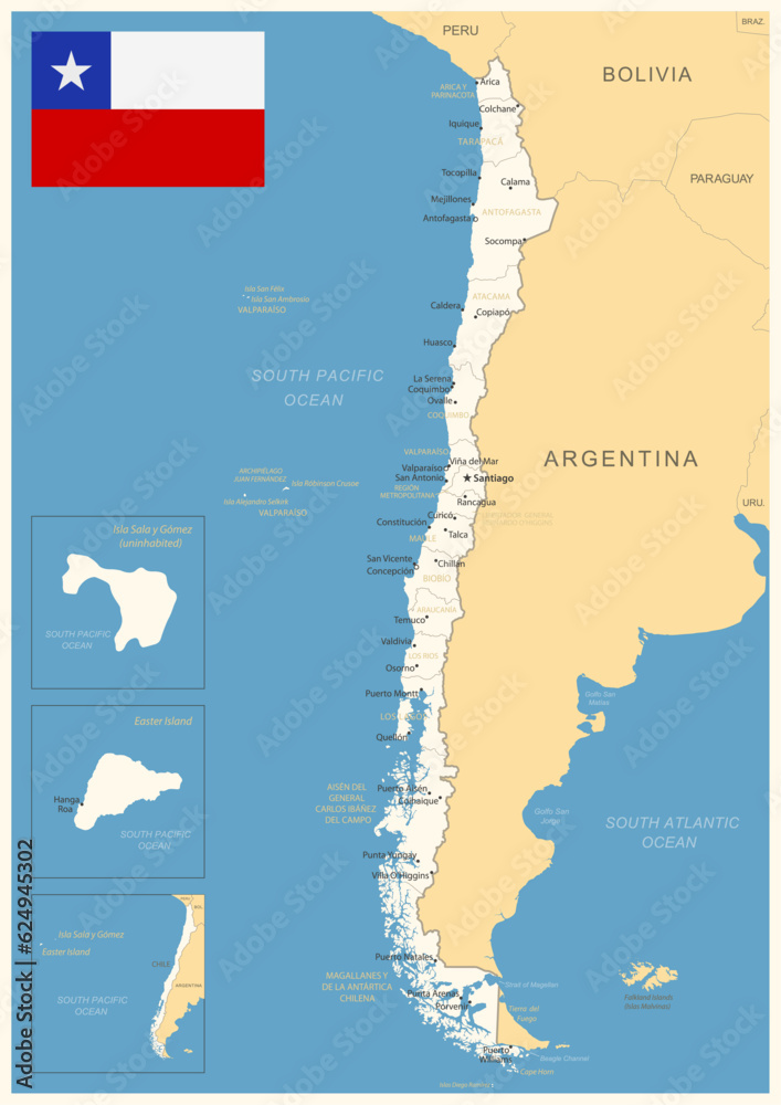 Chile - detailed map with administrative divisions and country flag ...