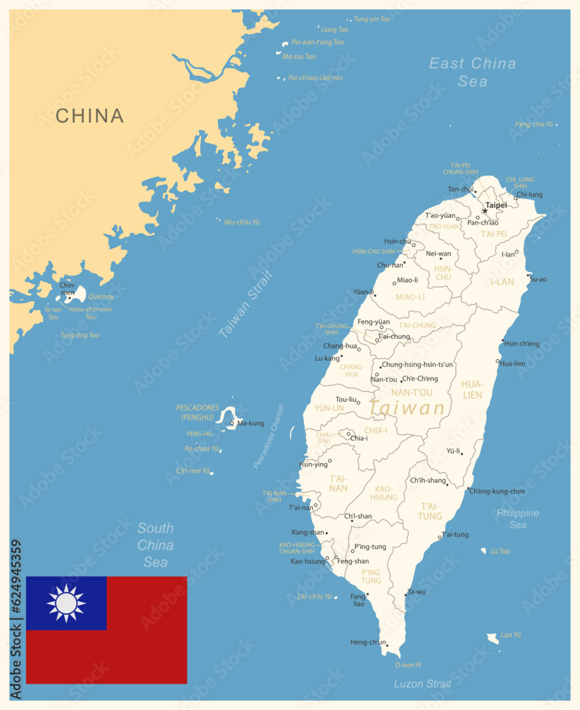 Taiwan - detailed map with administrative divisions and country flag ...
