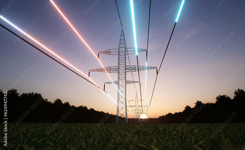 Energy stream flowing through steel tower high voltage power lines over ...