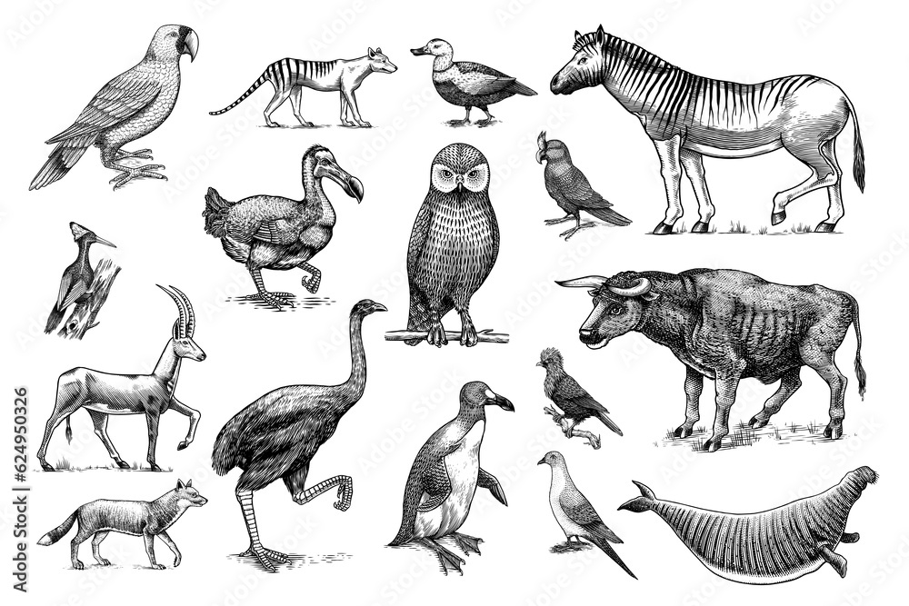 Extinct species. Wild mammal animals and birds. Dodo, Moa, Tasmanian ...