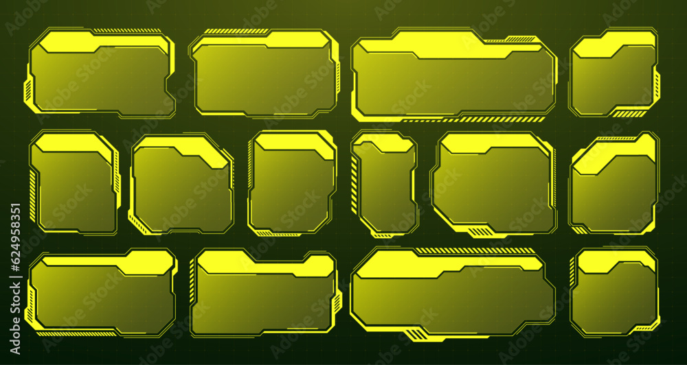 Yellow futuristic HUD, UI elements. Sci-fi user interface text boxes ...