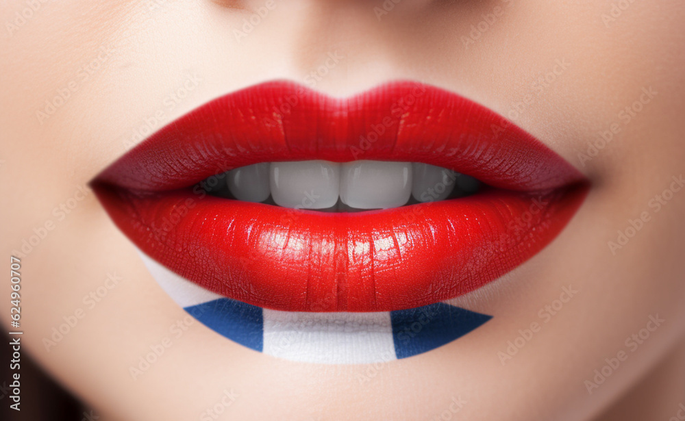 Beautiful female lips painted in the colors of the English flag on a ...