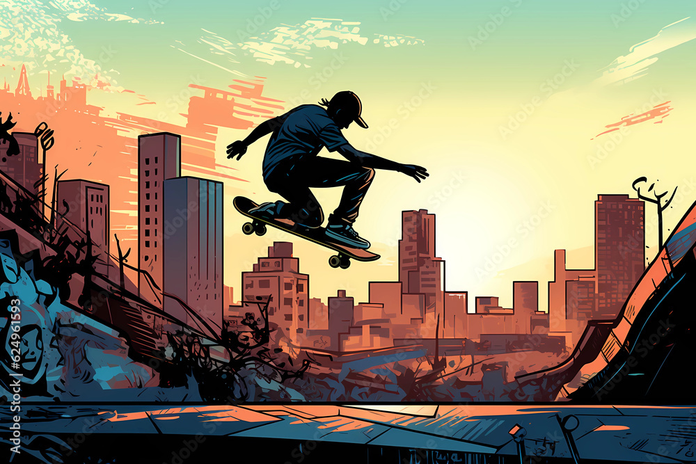 concept art, a dynamic city scene of a skateboarder performing a trick ...