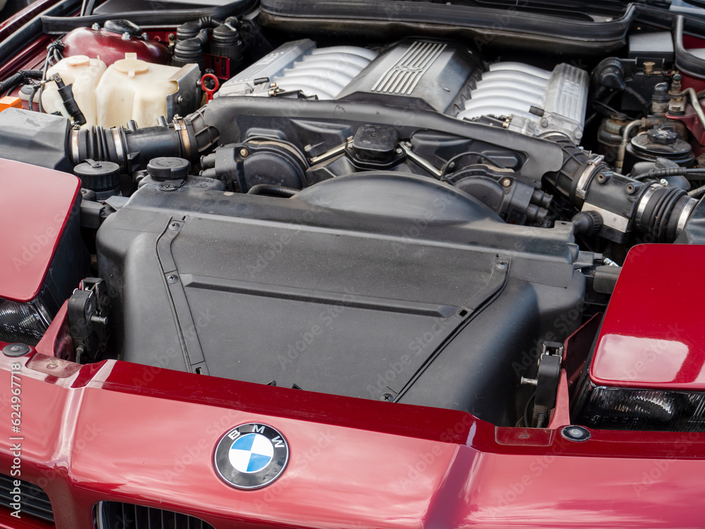 View Under the Hood of BMW 850Ci with Engine Compartment Stock Photo ...