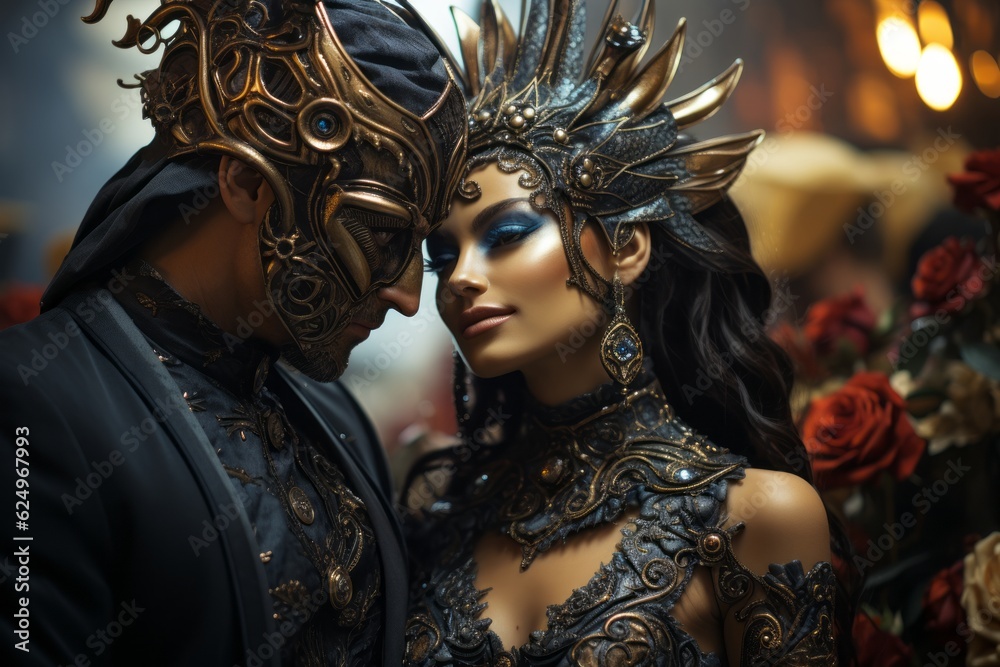 Elegant couple wearing glamour masks at a masquerade ball, evoking the ...