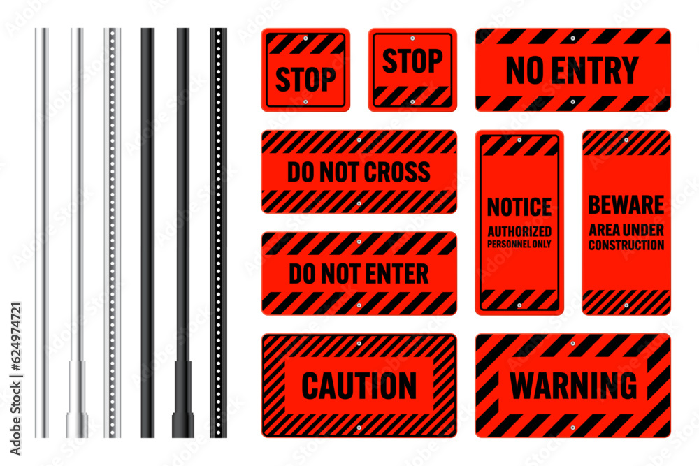 Warning, danger signs, attention banners with metal poles. Red caution ...