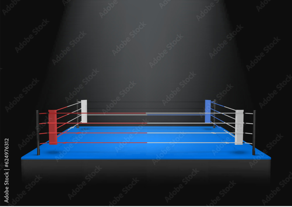 Empty boxing ring fighting red and blue corner arena with light on ...
