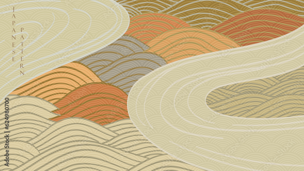 Japanese wave pattern with abstract art background vector. Water surface and ocean elements ...