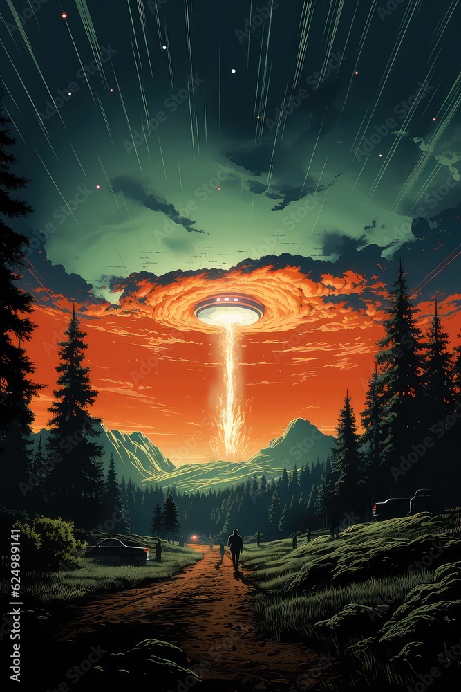 Man abduction by UFO colorful poster with alien spaceship kidnaps human ...