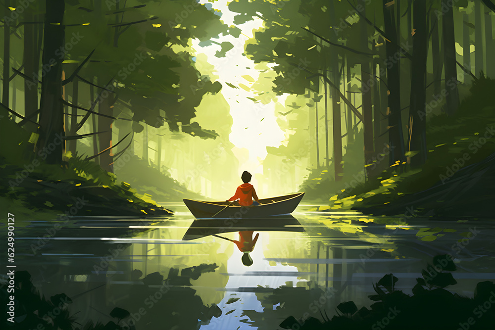 boy rowing a boat in a river through the forest, digital art style ...