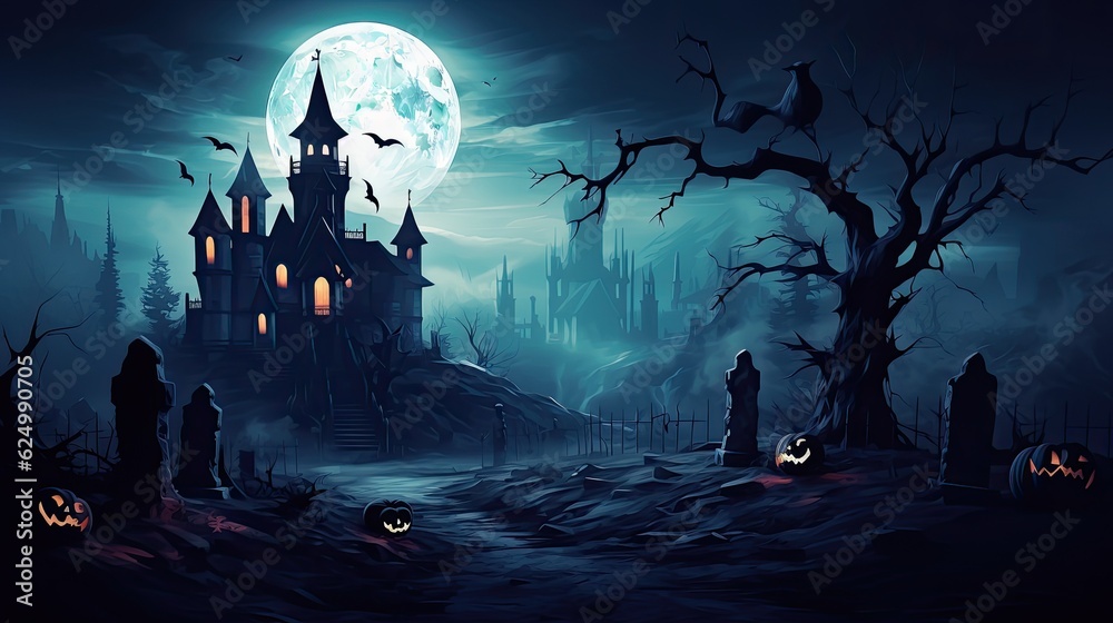 Scary Halloween castle under a full moon in the dark night ...