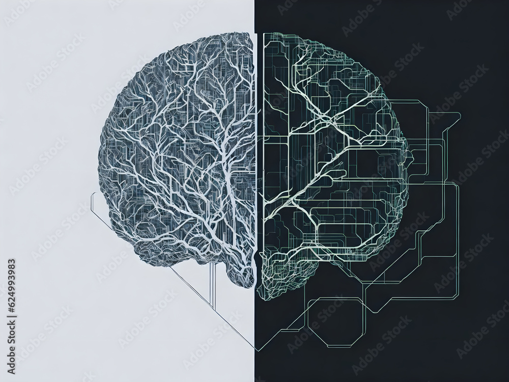 Stylized Abstract Modern Drawing of Human Brain with Wires and Cables ...