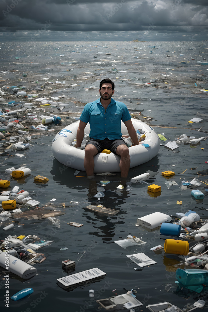 Struggling Amidst Plastic Pollution: Man in Survival Raft Stock ...
