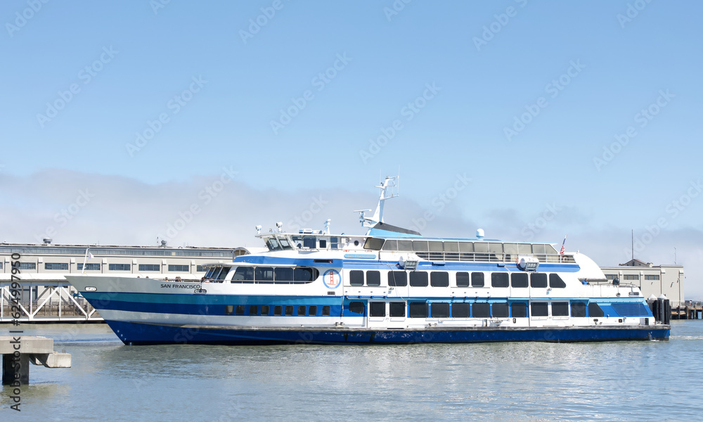 San Francisco, CA - July 13, 2023: Golden Gate Ferry docked at the ...