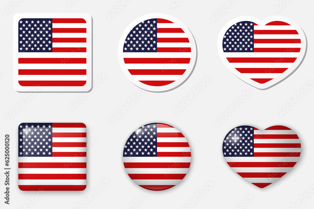 Flag of USA icons collection. Flat stickers and 3d realistic glass ...