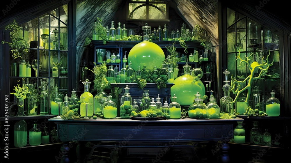 Witch or wizard alchemical laboratory with magic books and potions with ...